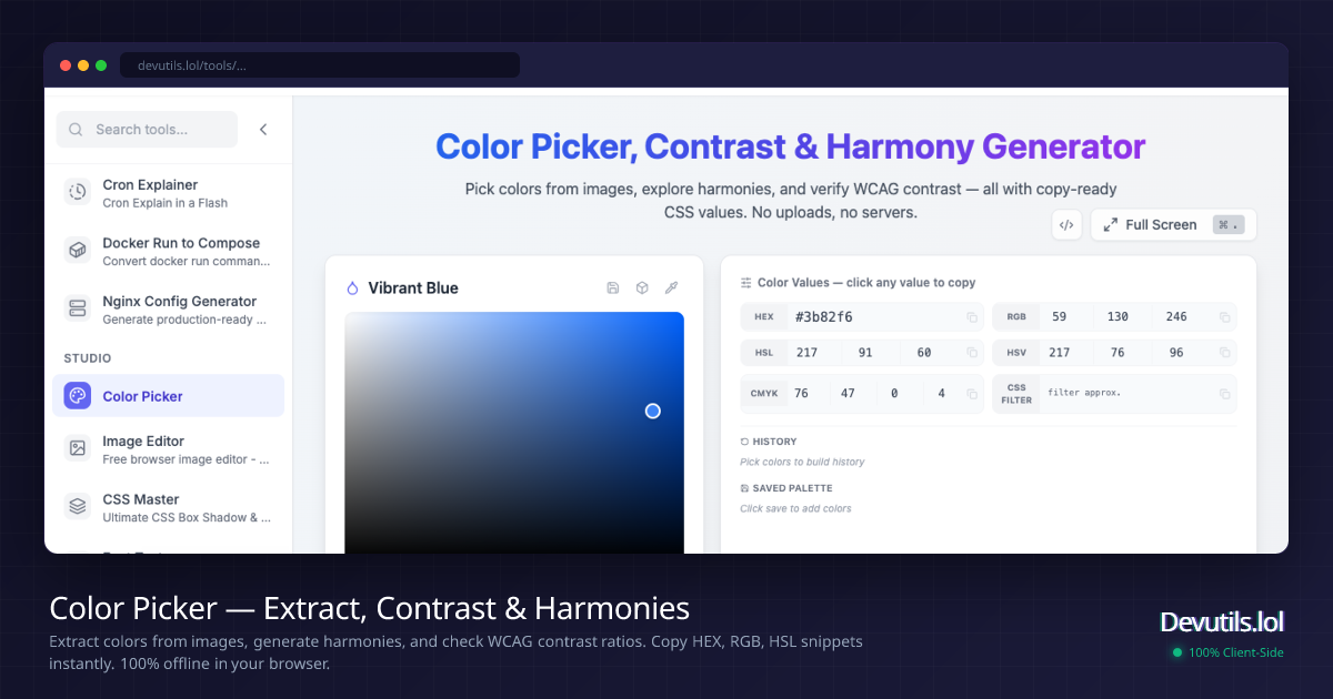 Color Picker — Extract, Contrast & Harmonies | Devutils.lol